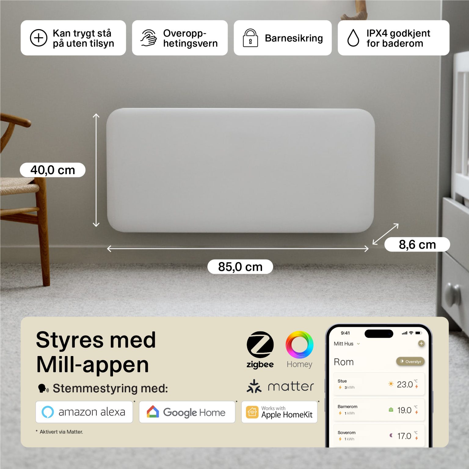 Mill Invisible Smart WiFi panelovn 1000W Gen. 4 - Mill